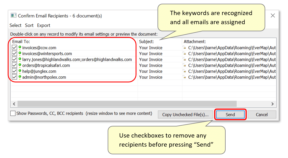 Using a Keywords-to-Emails Mapping Table to Send Emails
